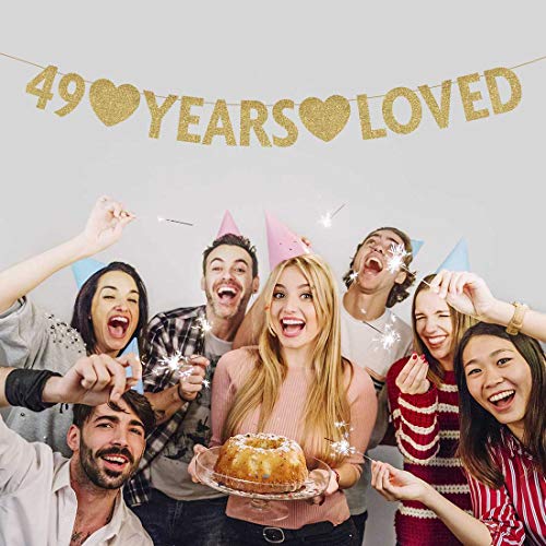 Gold 49 Year Loved Banner, Gold Glitter Happy 49th Birthday Party Decorations, Supplies