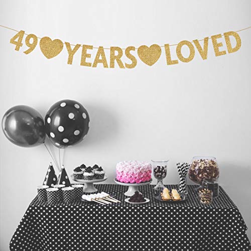 Gold 49 Year Loved Banner, Gold Glitter Happy 49th Birthday Party Decorations, Supplies