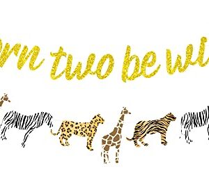 Born Two Be Wild Banner Gold Glitter Animal Print Cheetah Garland, Jungle Safari Theme Wild Two Second Birthday Party Decorations for Kids