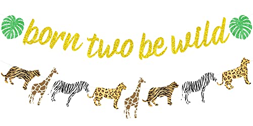 Born Two Be Wild Banner Gold Glitter Animal Print Cheetah Garland, Jungle Safari Theme Wild Two Second Birthday Party Decorations for Kids