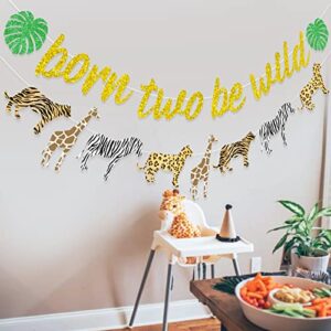 Born Two Be Wild Banner Gold Glitter Animal Print Cheetah Garland, Jungle Safari Theme Wild Two Second Birthday Party Decorations for Kids