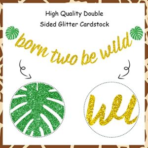 Born Two Be Wild Banner Gold Glitter Animal Print Cheetah Garland, Jungle Safari Theme Wild Two Second Birthday Party Decorations for Kids