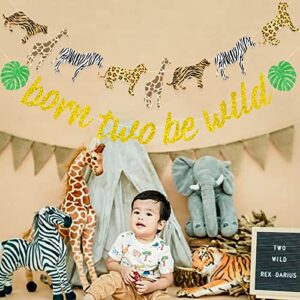 Born Two Be Wild Banner Gold Glitter Animal Print Cheetah Garland, Jungle Safari Theme Wild Two Second Birthday Party Decorations for Kids