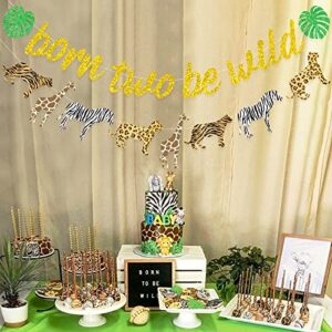 Born Two Be Wild Banner Gold Glitter Animal Print Cheetah Garland, Jungle Safari Theme Wild Two Second Birthday Party Decorations for Kids