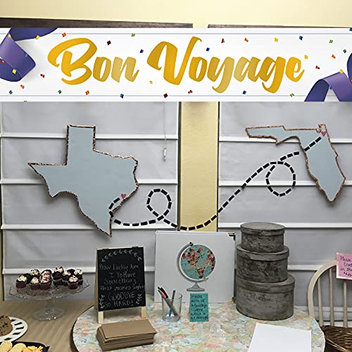 Bon Voyage Large Banner, Travel Theme Banner, Cruise Party Lawn Sign, Farewell Porch Sign, Adventure Awaits, Goodbye Retirement Party Decorations, Indoor Outdoor Backdrop 8.9 x 1.6 Feet