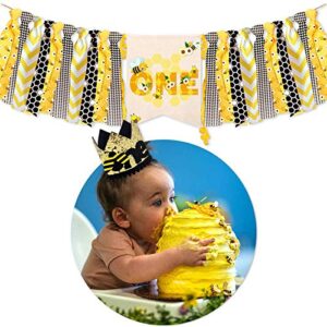 Baby 1st Birthday Party Decorations Supplies For Boy Girl Kids First Birthday Shower Bumble Bee With One Highchair Banner Crown Cake Topper Set of 3