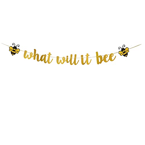 TENNYCHAOR What Will It Bee Banner,Baby Shower Glitter Party Decor,Bumble Bee Theme Gender Reveal Boy or Girl Party Decoration.(gold)