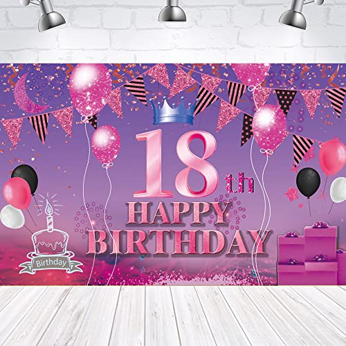 Happy 18th Birthday Backdrop Banner Pink Purple 18th Sign Poster 18 Birthday Party Supplies for Anniversary Photo Booth Photography Background Birthday Party Decorations, 72.8 x 43.3 Inch