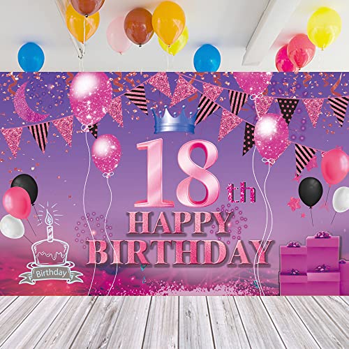 Happy 18th Birthday Backdrop Banner Pink Purple 18th Sign Poster 18 Birthday Party Supplies for Anniversary Photo Booth Photography Background Birthday Party Decorations, 72.8 x 43.3 Inch