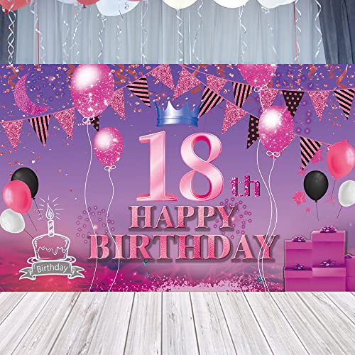 Happy 18th Birthday Backdrop Banner Pink Purple 18th Sign Poster 18 Birthday Party Supplies for Anniversary Photo Booth Photography Background Birthday Party Decorations, 72.8 x 43.3 Inch