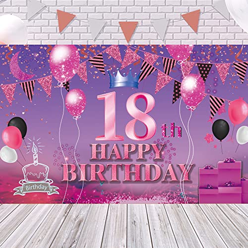 Happy 18th Birthday Backdrop Banner Pink Purple 18th Sign Poster 18 Birthday Party Supplies for Anniversary Photo Booth Photography Background Birthday Party Decorations, 72.8 x 43.3 Inch