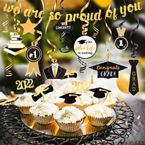 Graduation Party Decorations 2023, 31PCS Graduation Party Supplies Graduation Stuff Hanging Swirls Ceiling Decor And String Graduation Banner for Elementary 8th Grade High School College Black And Gold Class Of 2023 Congrats Decorations Grad Decor (Gradua