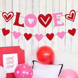 Love Banner for Happy Valentine's Day I Love You Engagement Wedding Anniversary Proposal Courtship Romantic Special Night Heart Party Supplies Pink and Red Glitter Decorations