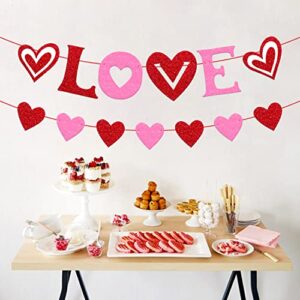 Love Banner for Happy Valentine's Day I Love You Engagement Wedding Anniversary Proposal Courtship Romantic Special Night Heart Party Supplies Pink and Red Glitter Decorations