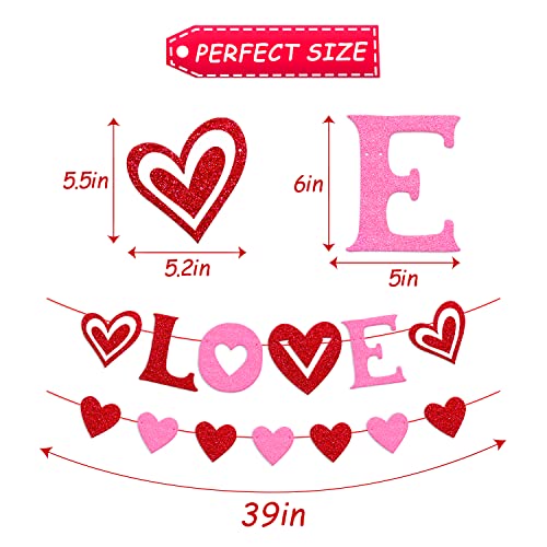 Love Banner for Happy Valentine's Day I Love You Engagement Wedding Anniversary Proposal Courtship Romantic Special Night Heart Party Supplies Pink and Red Glitter Decorations