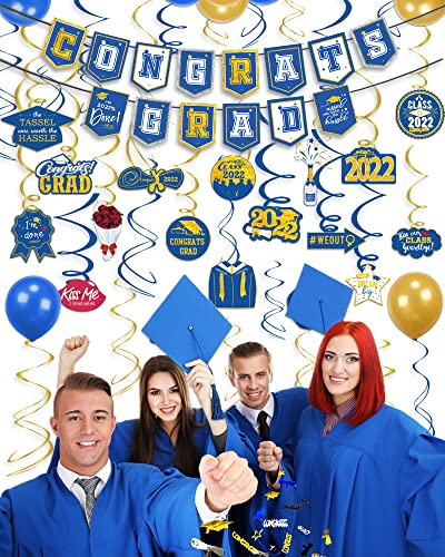 kortes 2022 Blue and Gold Graduation Decorations Kit, Congrats Grad Banner Hanging Swirls Graduations Confetti Balloons for Blue and Gold Grad Graduation Party Decorations Supplies