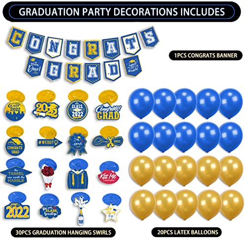 kortes 2022 Blue and Gold Graduation Decorations Kit, Congrats Grad Banner Hanging Swirls Graduations Confetti Balloons for Blue and Gold Grad Graduation Party Decorations Supplies