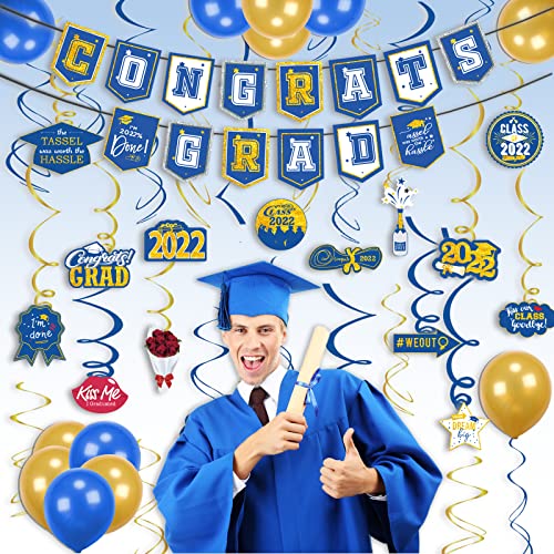 kortes 2022 Blue and Gold Graduation Decorations Kit, Congrats Grad Banner Hanging Swirls Graduations Confetti Balloons for Blue and Gold Grad Graduation Party Decorations Supplies