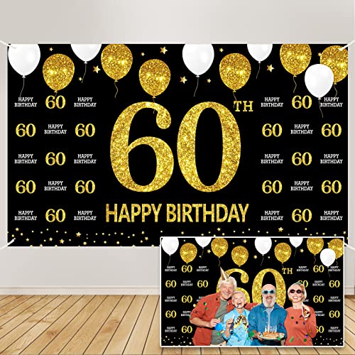 60th Birthday Decorations Happy 60th Birthday Banner for Men Women, Black Gold 60 Birthday Backdrop Sign Party Supplies, Sixty Birthday Photo Booth Background Decor for Outdoor Indoor