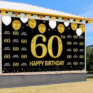 60th Birthday Decorations Happy 60th Birthday Banner for Men Women, Black Gold 60 Birthday Backdrop Sign Party Supplies, Sixty Birthday Photo Booth Background Decor for Outdoor Indoor