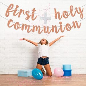 First Holy Communion Banner - Boy/girl Baptism Bunting Sign, Religious Banner for Baby Shower Banner Party Decorations Supplies(Rose Gold and Sliver)