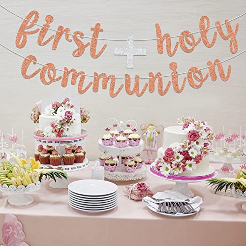 First Holy Communion Banner - Boy/girl Baptism Bunting Sign, Religious Banner for Baby Shower Banner Party Decorations Supplies(Rose Gold and Sliver)