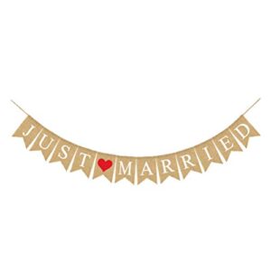 SCHOLMART Just Married Banner, Burlap Wedding Banner, Wedding Decorations, Reception Car Decoration, Bridal Shower Engagement, Photo Prop Prestrung (Just Married - Red Heart)