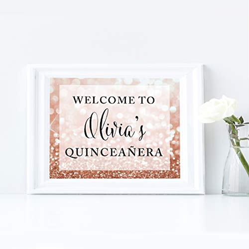 Andaz Press Personalized Glitzy Faux Rose Gold Glitter 8.5-inch Party Sign, Welcome to Olivia's Quinceañera, 1-Pack, Custom Name, 15th Birthday Mis Quince Quinceanera