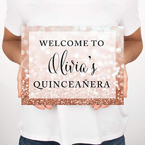 Andaz Press Personalized Glitzy Faux Rose Gold Glitter 8.5-inch Party Sign, Welcome to Olivia's Quinceañera, 1-Pack, Custom Name, 15th Birthday Mis Quince Quinceanera