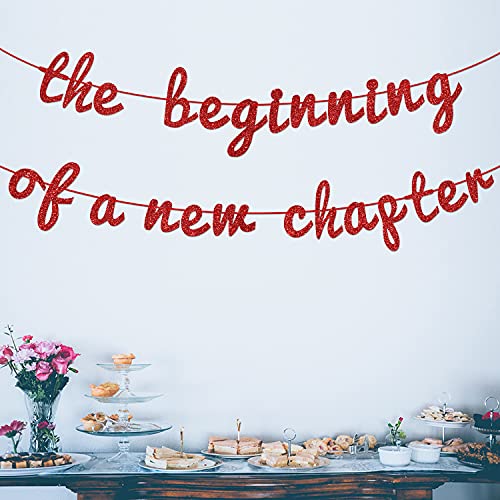 The Beginning of A New Chapter Banner - Adventure Awaits - Bunting Backdrops for Engagement/Graduation/Baby Shower/Retirement Party Decoration Supplies(Red)