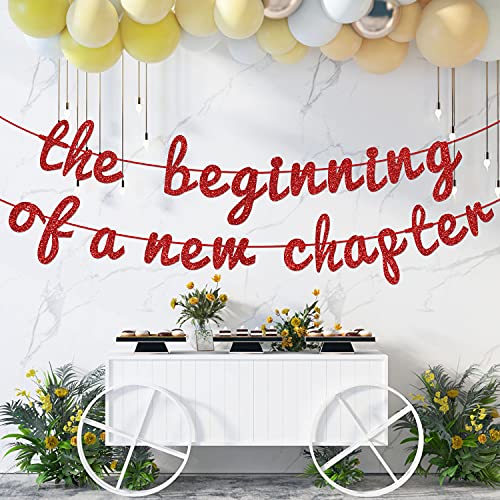 The Beginning of A New Chapter Banner - Adventure Awaits - Bunting Backdrops for Engagement/Graduation/Baby Shower/Retirement Party Decoration Supplies(Red)