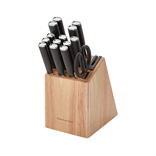 KitchenAid Classic 15 Piece Knife Block Set with Built in Knife Sharpener, High Carbon Japanese Stainless Steel Kitchen Knives, Sharp Kitchen Knife Set with Block, Rubberwood