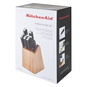 KitchenAid Classic 15 Piece Knife Block Set with Built in Knife Sharpener, High Carbon Japanese Stainless Steel Kitchen Knives, Sharp Kitchen Knife Set with Block, Rubberwood