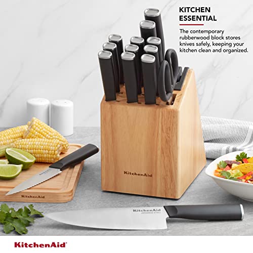 KitchenAid Classic 15 Piece Knife Block Set with Built in Knife Sharpener, High Carbon Japanese Stainless Steel Kitchen Knives, Sharp Kitchen Knife Set with Block, Rubberwood