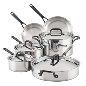 kitchenaid 5-ply clad stainless steel cookware pots and pans set, 10 piece, polished stainless