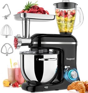 vospeed 5 in 1 stand mixer, 850w tilt-head multifunctional electric mixer with 7.5 qt stainless steel bowl, 1.5l glass jar, meat grinder, hook, whisk, beater dishwasher safe – black