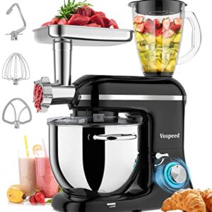 Vospeed 5 IN 1 Stand Mixer, 850W Tilt-Head Multifunctional Electric Mixer with 7.5 QT Stainless Steel Bowl, 1.5L Glass Jar, Meat Grinder, Hook, Whisk, Beater Dishwasher Safe - Black