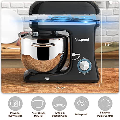 Vospeed 5 IN 1 Stand Mixer, 850W Tilt-Head Multifunctional Electric Mixer with 7.5 QT Stainless Steel Bowl, 1.5L Glass Jar, Meat Grinder, Hook, Whisk, Beater Dishwasher Safe - Black