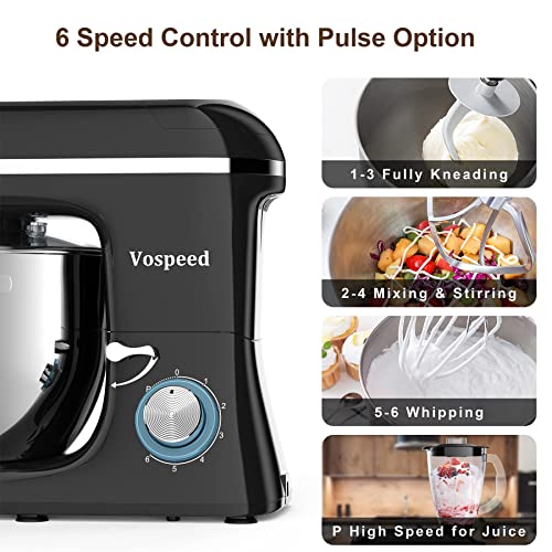 Vospeed 5 IN 1 Stand Mixer, 850W Tilt-Head Multifunctional Electric Mixer with 7.5 QT Stainless Steel Bowl, 1.5L Glass Jar, Meat Grinder, Hook, Whisk, Beater Dishwasher Safe - Black