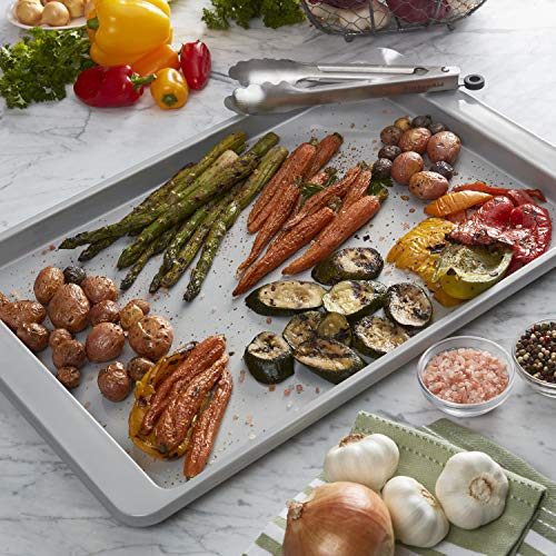 KitchenAid Nonstick Aluminized Steel Baking Sheet, 13x18-Inch, Silver With Silicone Large Baking Mat, 12x17-Inch, Gray