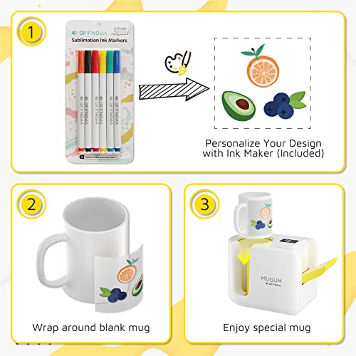 OFFNOVA Mug Heat Press, 11-14oz Sublimation Tumbler Heat Press Machine with LCD, Including 1X Blank Mug, 6X HTV Ink Markers and Pens (MUGUM)