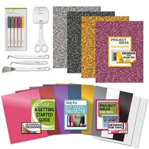 cricut vinyl, glitter iron on tools & pens beginner bundle – use with explore maker machine (not included) sheets for decals, removable stickers, bling t-shirts, cards, totes with guide for projects