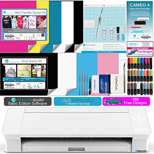 Silhouette Cameo 4 White Bundle with Vinyl Starter Kit, Heat Transfer Starter Kit, 2 Autoblade 2, 24 Pack of Pens, CC Vinyl Tool Kit, 130 Designs, and Access to Ebooks, Tutorials, & Classes