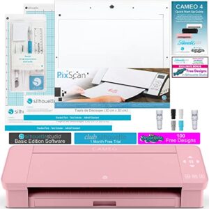 silhouette cameo 4 extras bundle with 2 autoblades, pink tool kit, 2 cutting mats, pixscan mat. also includes craftercuts start up guide and bonus designs