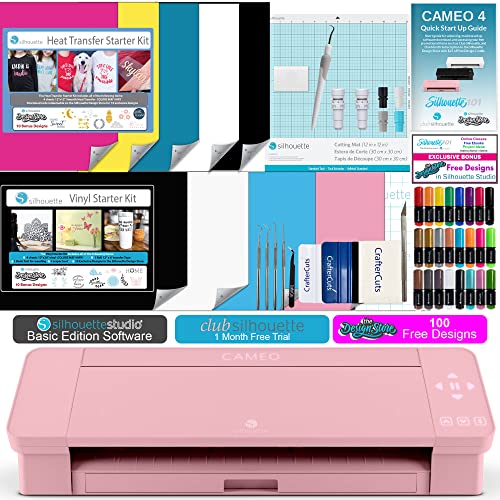 Silhouette Cameo 4 Pink Bundle with Vinyl Starter Kit, Heat Transfer Starter Kit, 2 Autoblade 2, CrafterCuts Vinyl Tool Kit, 120 Designs, and Access to Ebooks, Tutorials, & Classes