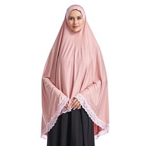 muslim high stretch hijab pure color half-body cover hijab with lace for praying, pink, x-large