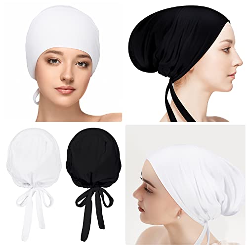 2 Pieces Women Under Scarf Hat Hijab Cap Islamic Hijab Undercap Hijab Bonnet Cap Muslim Inner Beanies Hat Underscarf Turban Caps with Ties Back