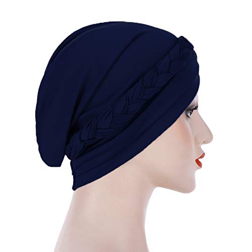 Fxhixiy Hijab Braid Silky Turban Hats for Women Cancer Chemo Beanies Cap Headwrap Headwear (Navy Blue)