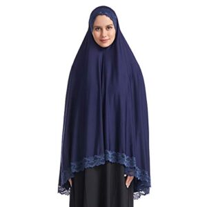 khalat Women's Elegant Hijab Lace Trim Muslim Islamic Ramadan Soft Lightweight Hijab Long Scarf Blue