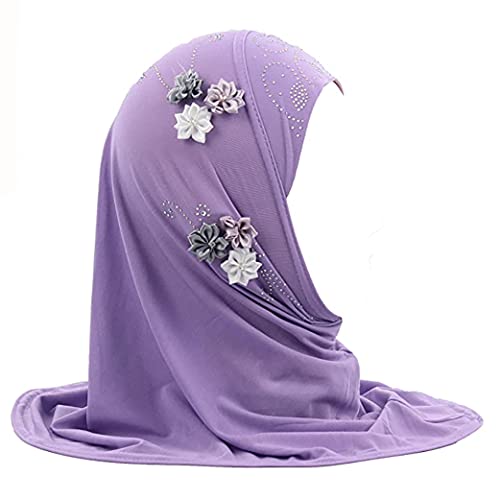 Ylucky Muslim Hijab Head Scarf Ice Silk Headwear Floral Kids Amira Hijab Islamic Head Wrap for Age 2-6 Years Girls (purple (6 flowers))